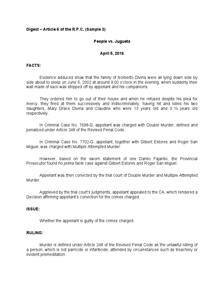Digest 5 - Art 6 RPC - People Vs Jugueta | PDF | Murder | Crimes
