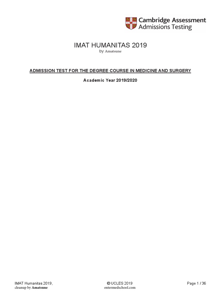 Imat Humanitas 2019: Admission Test For The Degree Course in Medicine ...