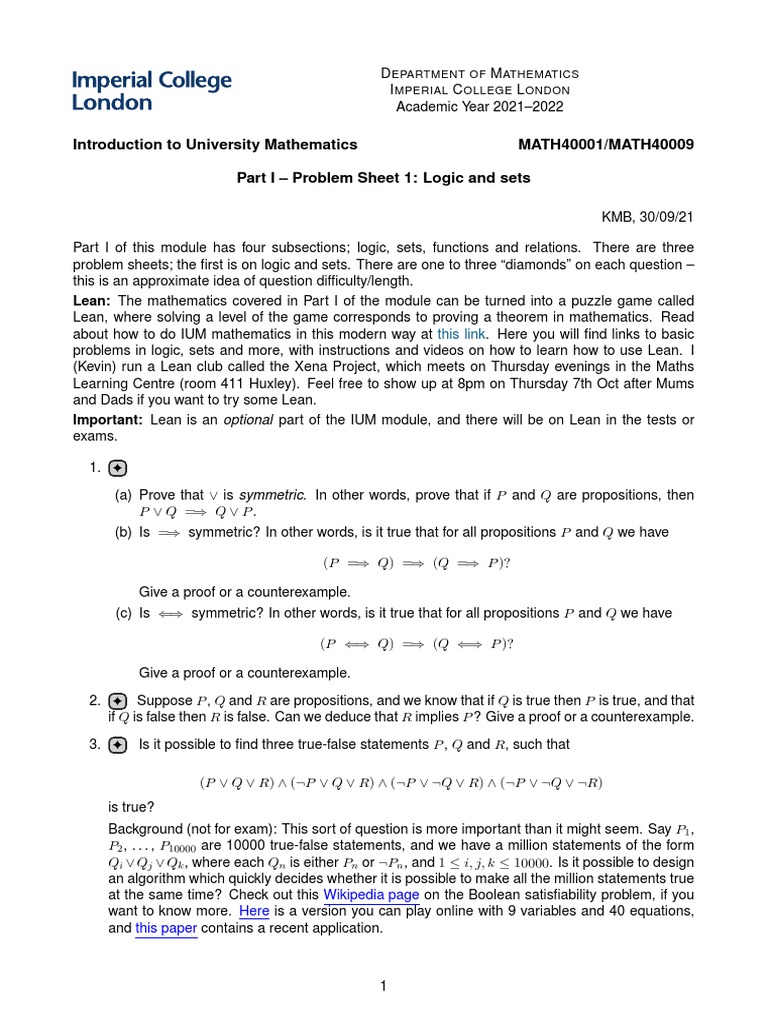 ProblemSheet I 1 | PDF | Mathematical Proof | Mathematics