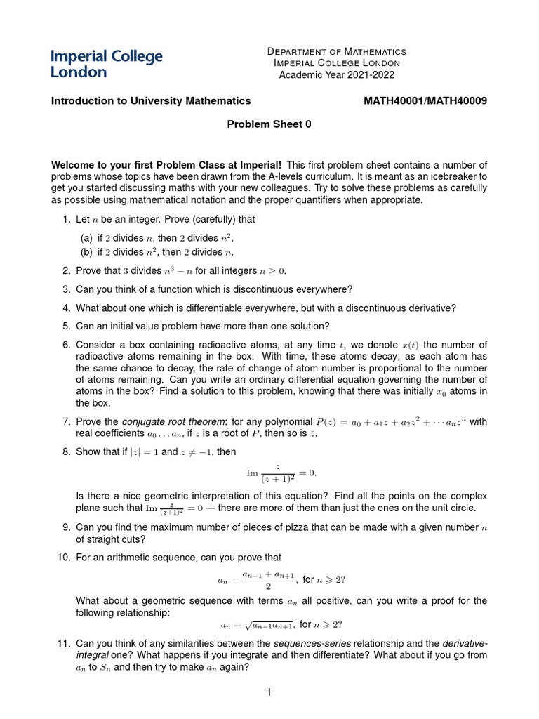 Introduction To University Mathematics MATH40001/MATH40009 Problem ...