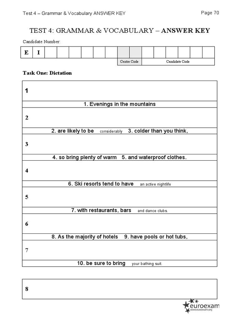 Test 4: Grammar & Vocabulary - Answer Key: Task One: Dictation | PDF ...