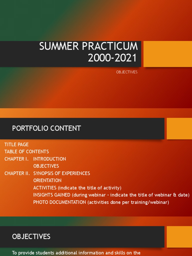 Summer Practicum 2000-2021: Objectives | PDF