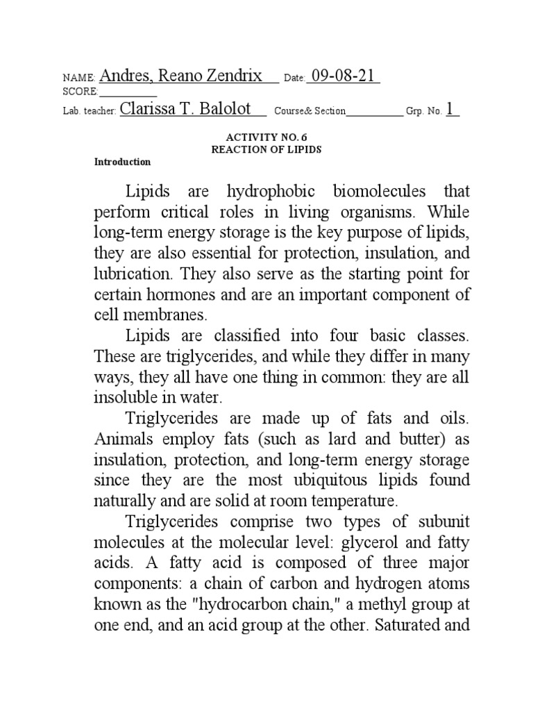 ACTIVITY NO. 5-Reactions of Lipids | PDF | Fatty Acid | Lipid