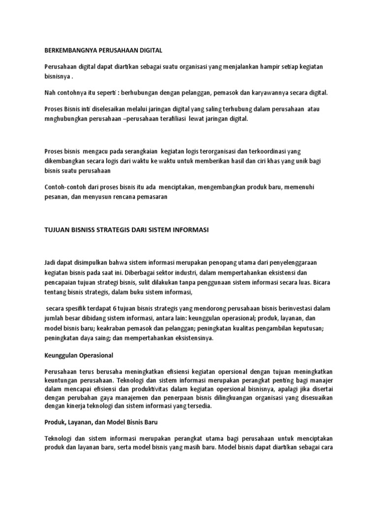 Berkembangnya Perusahaan Digital Dan Tujuan Bisnis Strategi Dari Sistem Informasi | PDF