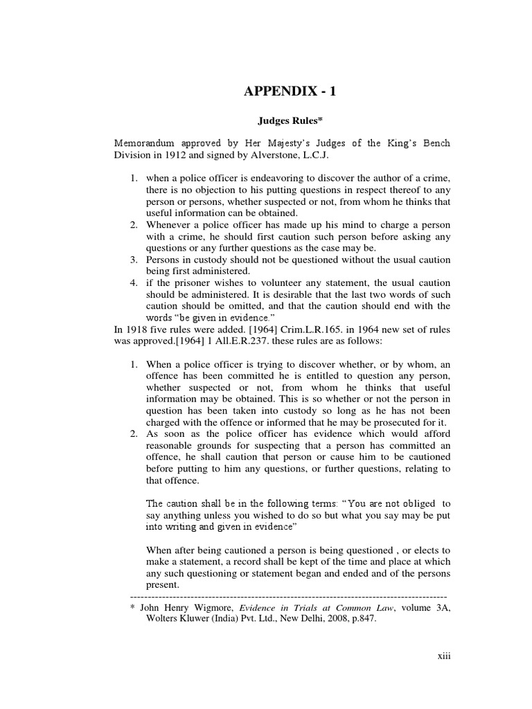 Appendix - 1: Judges Rules | PDF | Arrest | Public Law