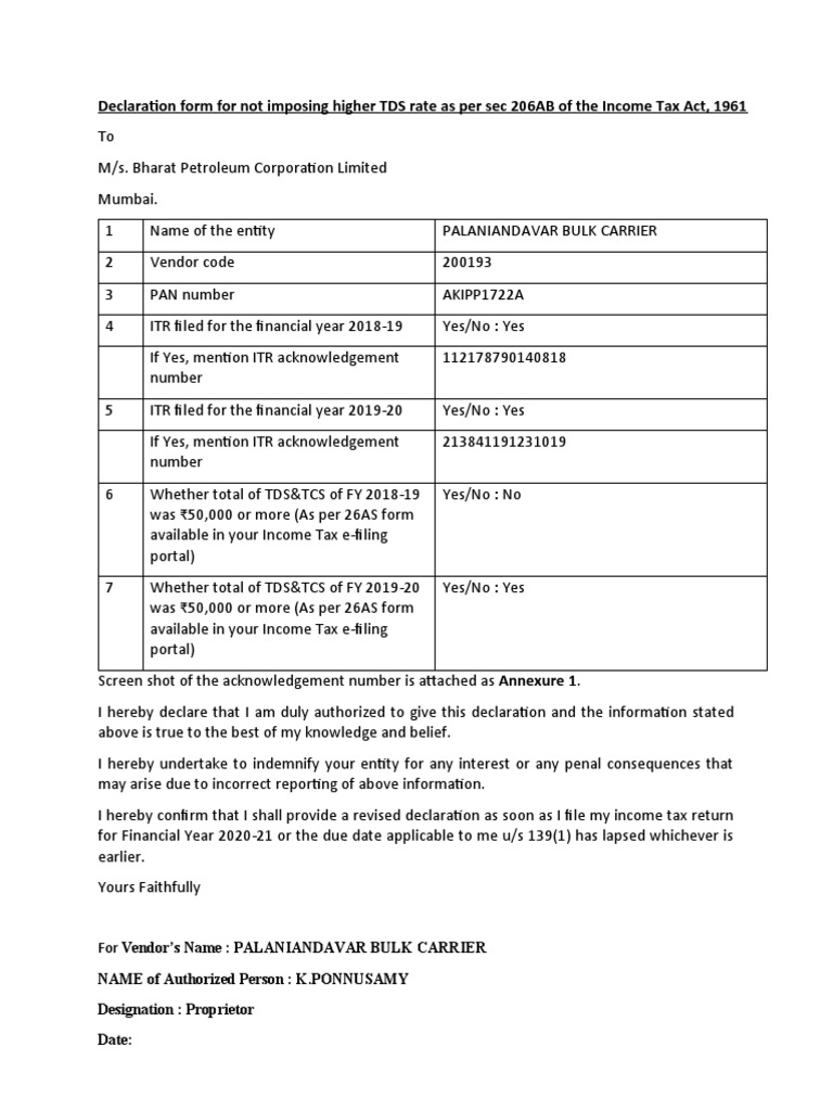 Declaration Form For Not Imposing Higher TDS Rate As Per Sec 206AB of ...