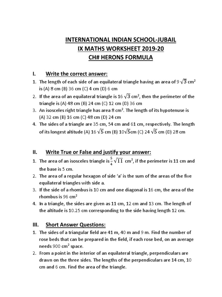 1222201922027PM-Class 9 Maths Worksheet - HERONS FORMULA | PDF | Area ...
