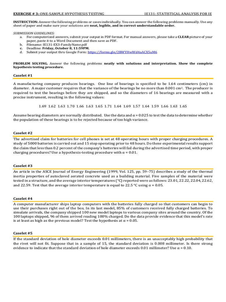 Exercise 3 One Sample Hypothesis Testing Ie131 Statistical Analysis