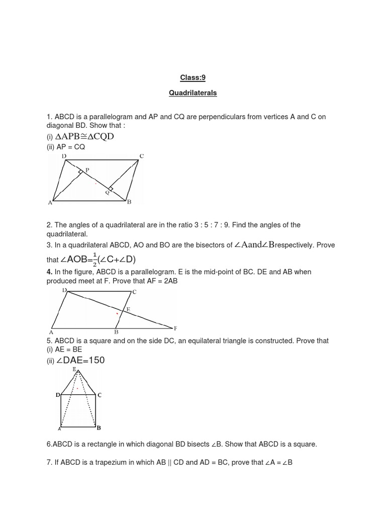 1222201922103PM-Class 9 Maths Worksheet - QUADRILATERALS | PDF