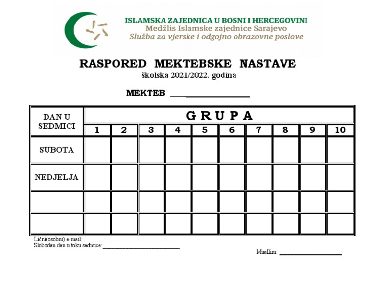 Obrazac Raspored Casova 2021-22 | PDF