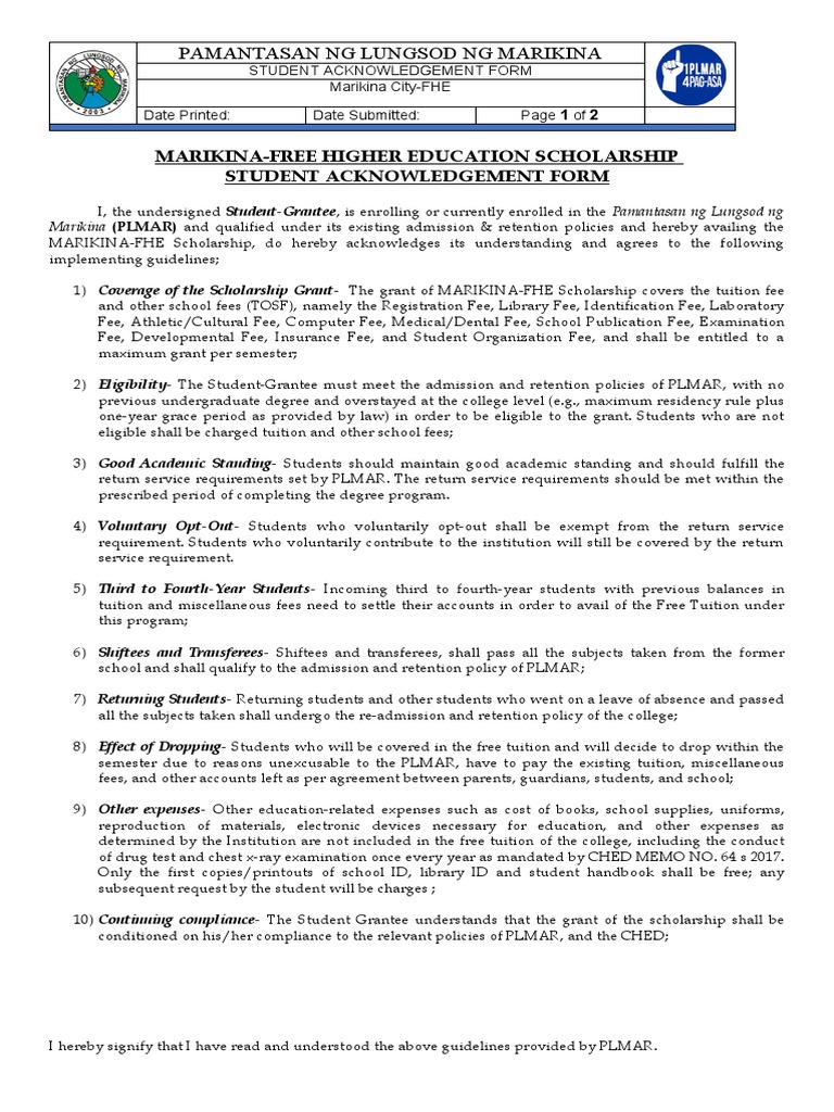 Marikina-Free Higher Education Scholarship Student Acknowledgement Form | PDF | Tuition Payments ...