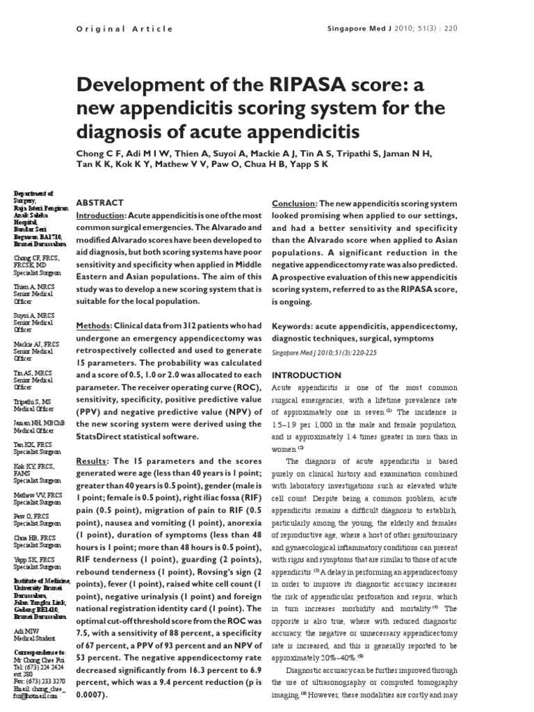 RIPASA Score For Diagnosis of AA | PDF | Reference Range | Confidence ...