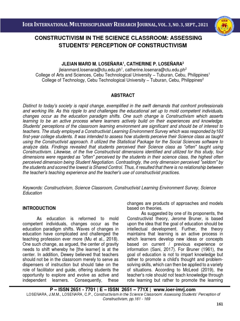 Constructivism in The Science Classroom Assessing Students' Perception ...