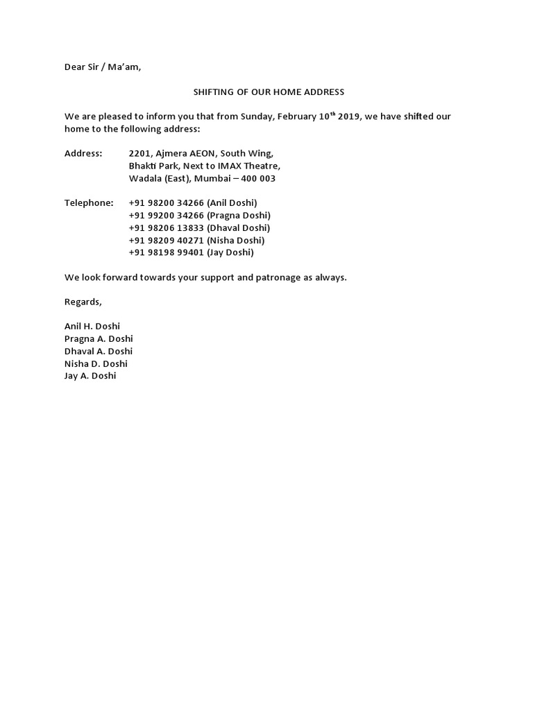 Compliance-Address Shifting Letter | PDF
