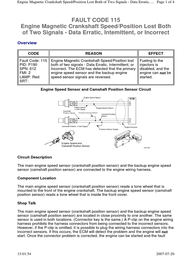 Fault Code 115 Engine Magnetic Crankshaft Speed/Position Lost Both of ...