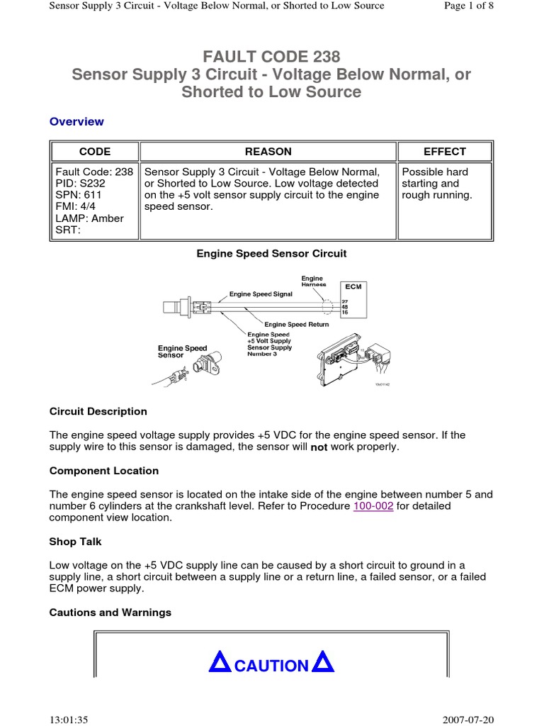 Fault Code 238 Sensor Supply 3 Circuit - Voltage Below Normal, or ...