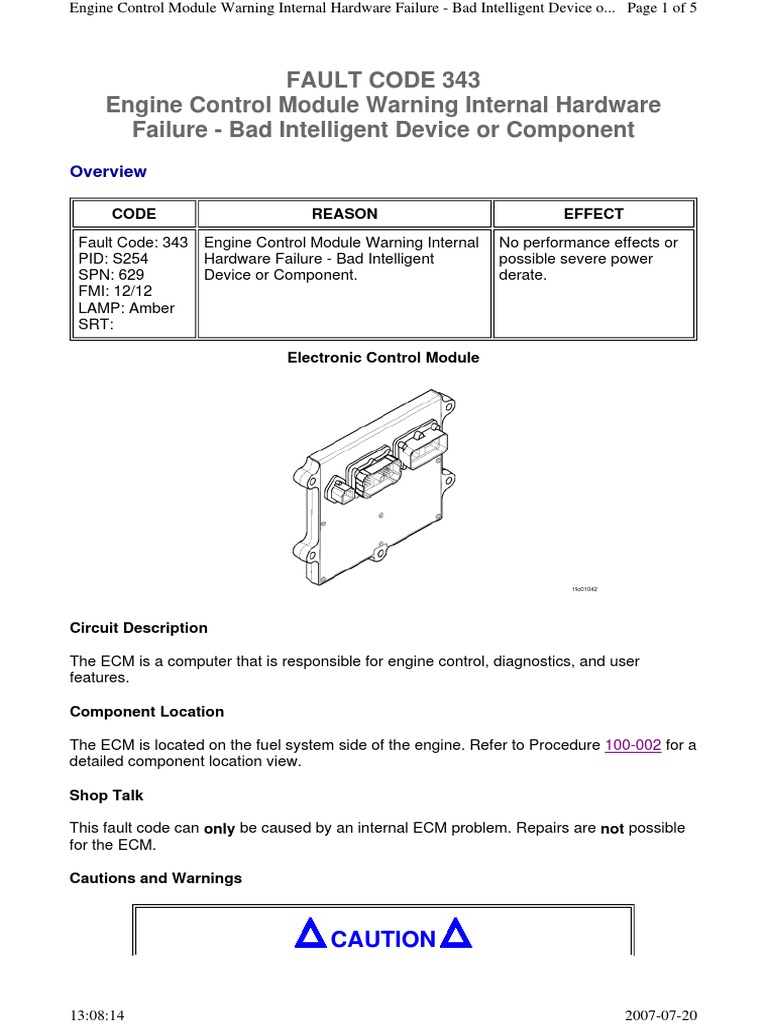 Fault Code 343 Engine Control Module Warning Internal Hardware Failure - Bad Intelligent Device ...