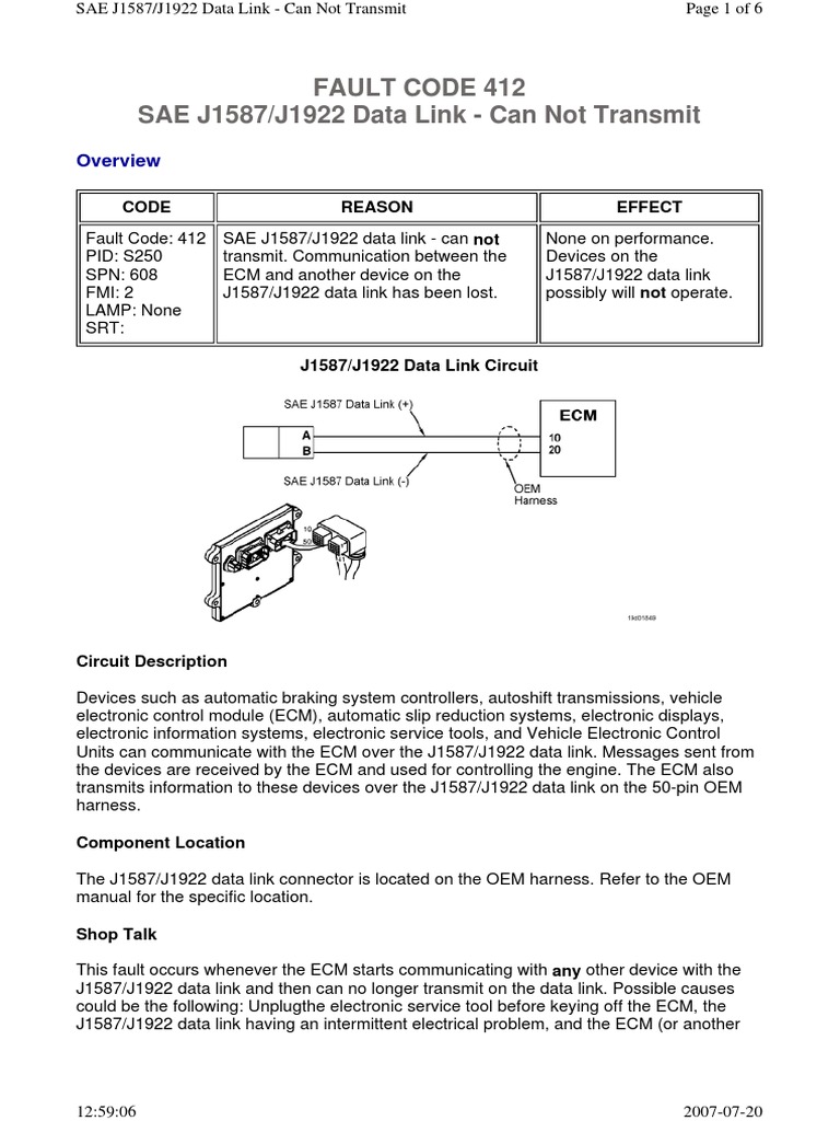 Fault Code 412 SAE J1587/J1922 Data Link - Can Not Transmit | Download ...