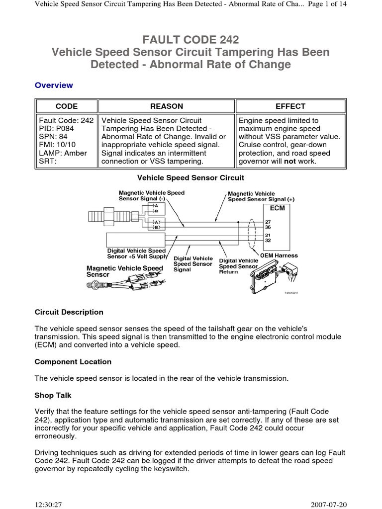 Fault Code 242 Vehicle Speed Sensor Circuit Tampering Has Been Detected ...