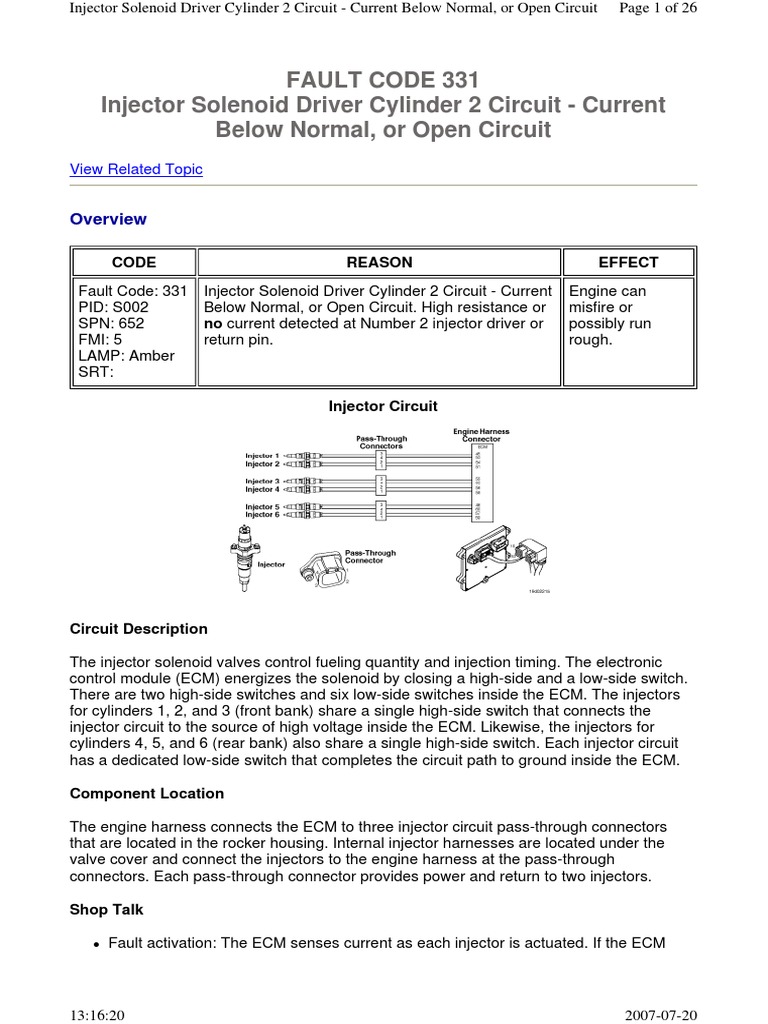 Fault Code 331 Injector Solenoid Driver Cylinder 2 Circuit - Current ...