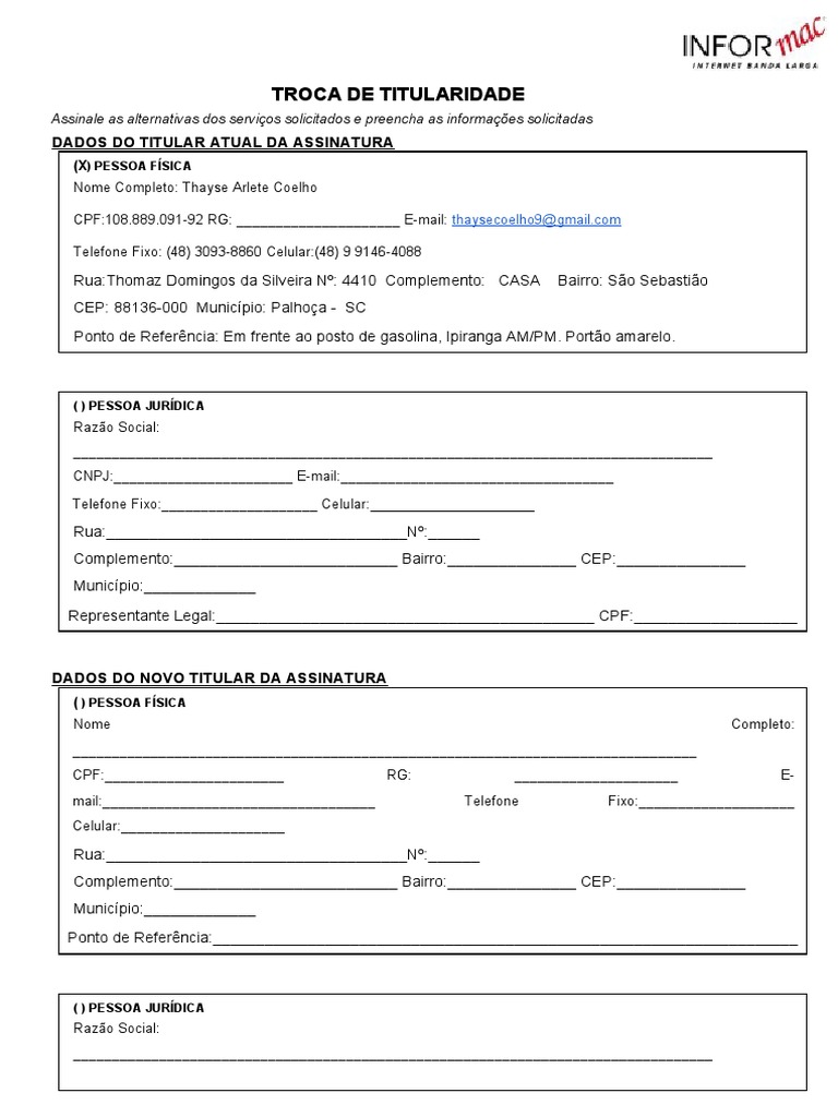 Formulario para Troca de Titularidade | PDF