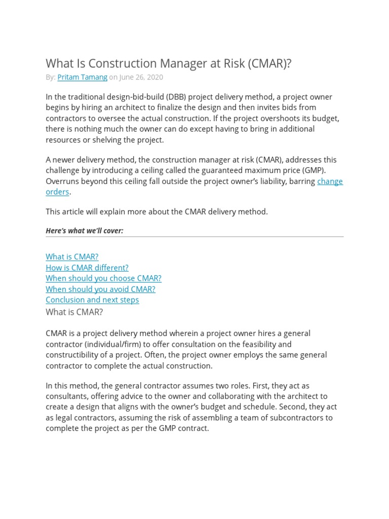 CMAR Vs DBB | Download Free PDF | General Contractor | Architect