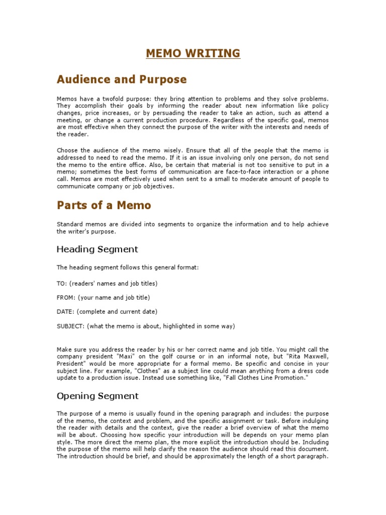 Memo Writing Audience and Purpose: Heading Segment | PDF | Memorandum ...