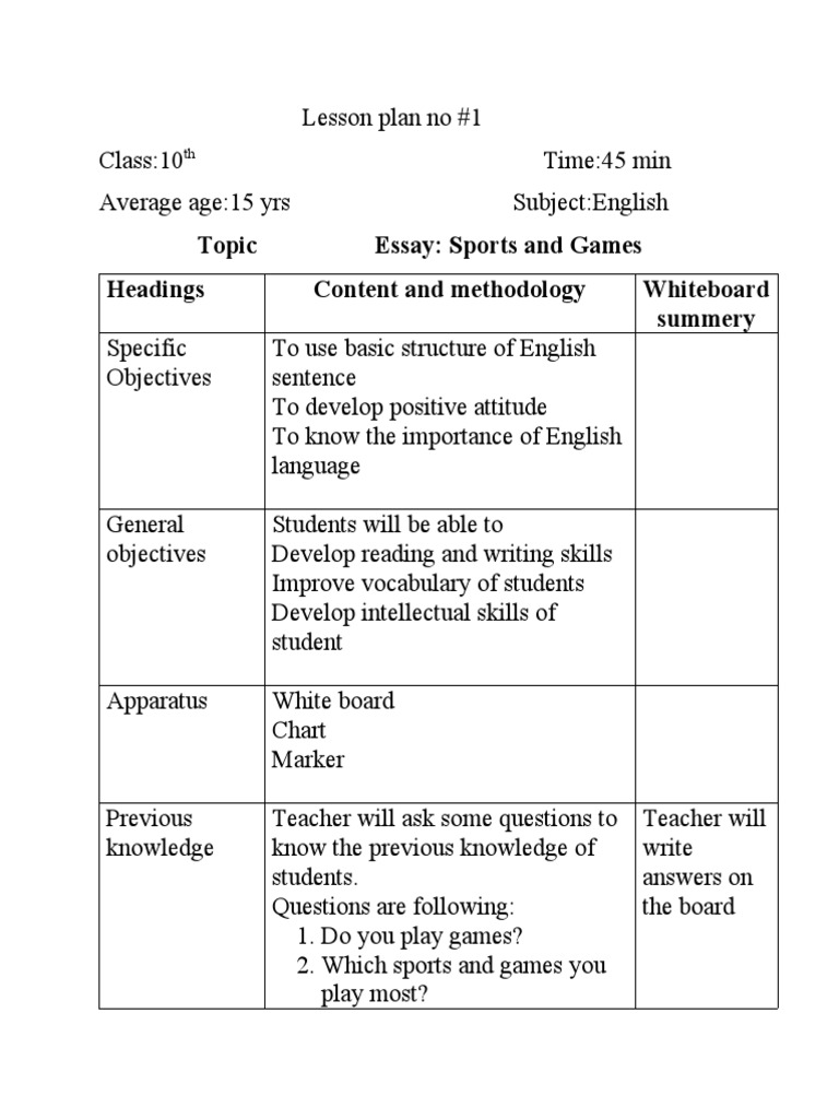 Topic Essay: Sports and Games Headings Content and Methodology ...