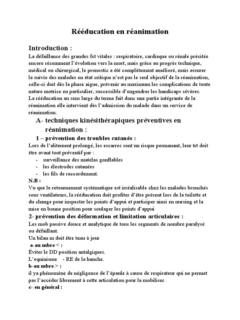 Réducation en Réanimation | PDF | Médecine de soins intensifs | Toux
