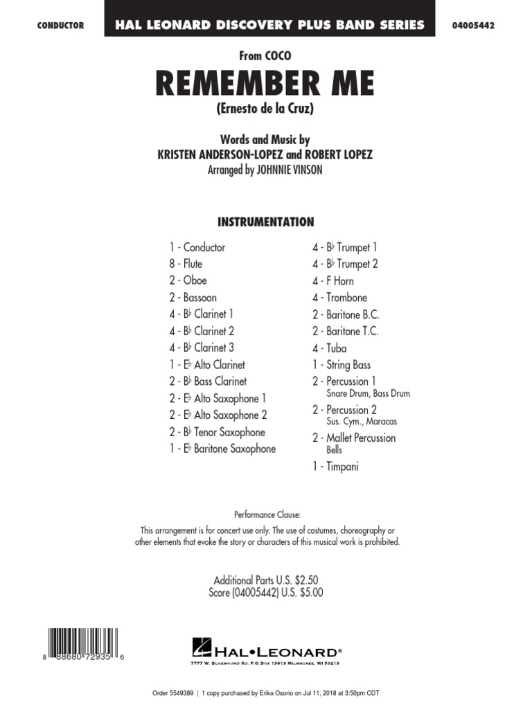 Remember Me (From Coco) - Conductor Score (Full Score) | PDF ...