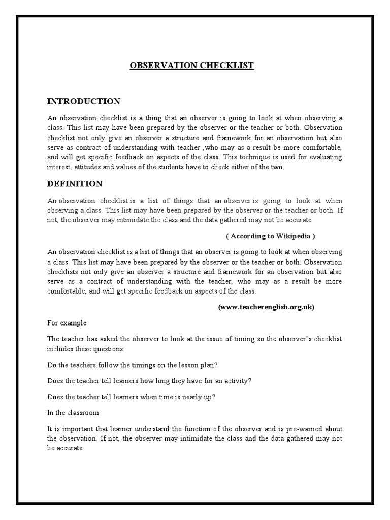 Observation Checklist | PDF | Teachers | Lesson Plan