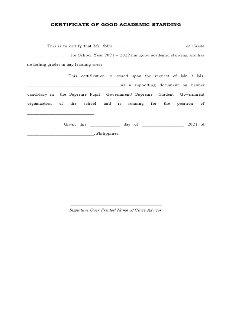 Certificate of Good Academic Standing | PDF