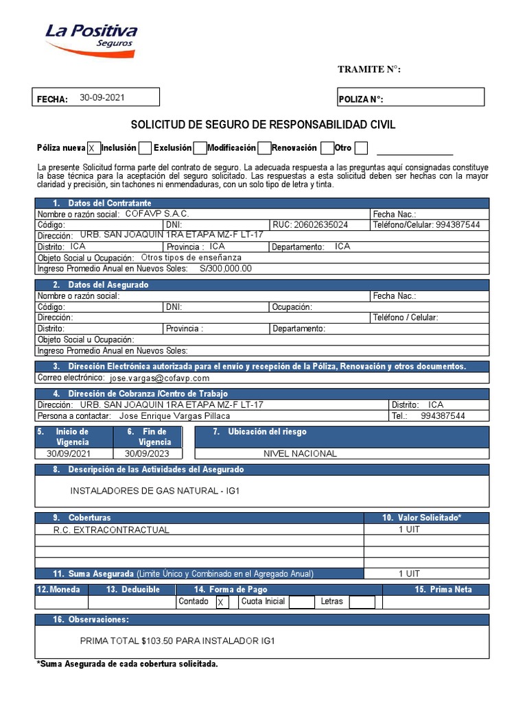 Solicitud Responsabilidad Civil | PDF | Póliza de seguros | Seguro