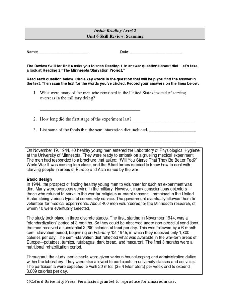 Unit 6 Skill Review: Scanning: Inside Reading Level 2 | PDF