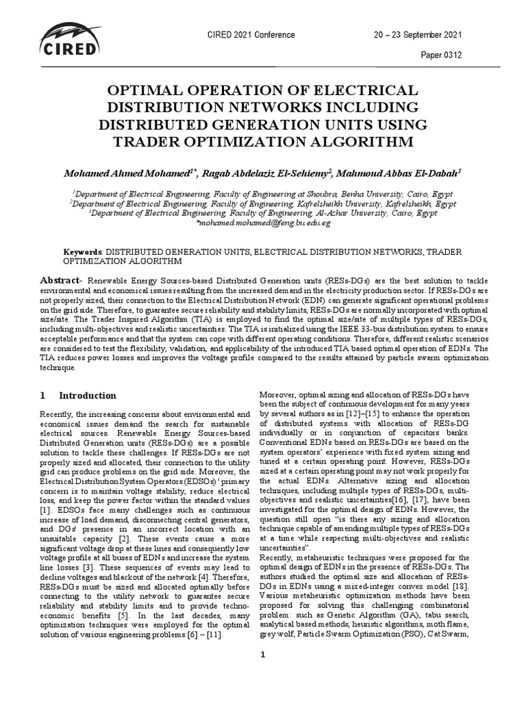 Optimal Operation Of Electrical Distribution Networks Including