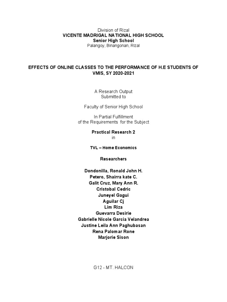 Chapter 1 6 Group 1 Effects of Online Classes To The Performance of H.E ...