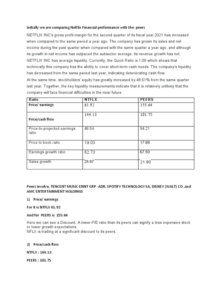 Netflix Financial Performance vs Peers Ratio Comparison | PDF | Price ...