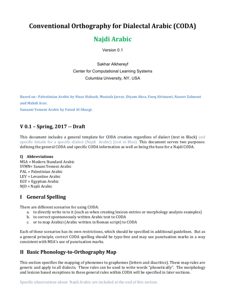 Conventional Orthography for Dialectal Arabic (CODA): Defining General ...