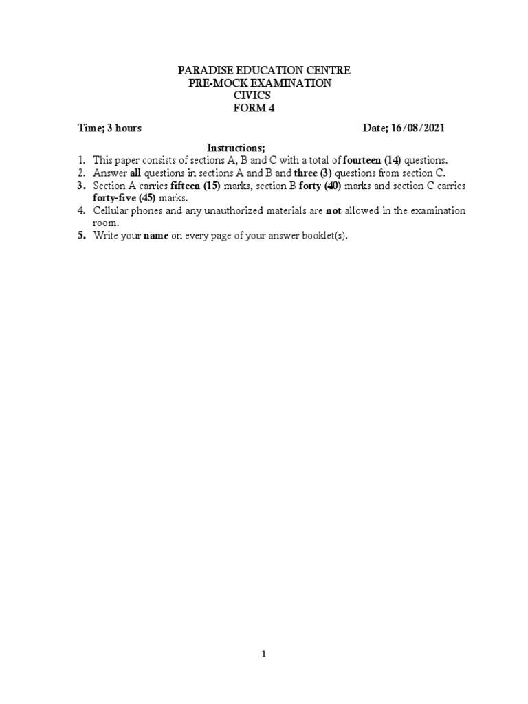 Civics Pre-Mock Exam Paper Form 4 | PDF | Governance | Tanzania