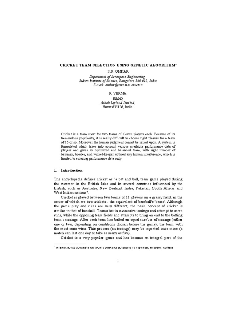 10 1 1 109 1230 Cricket Team Selection Using Genetic Algorithm Pdf Genetic Algorithm