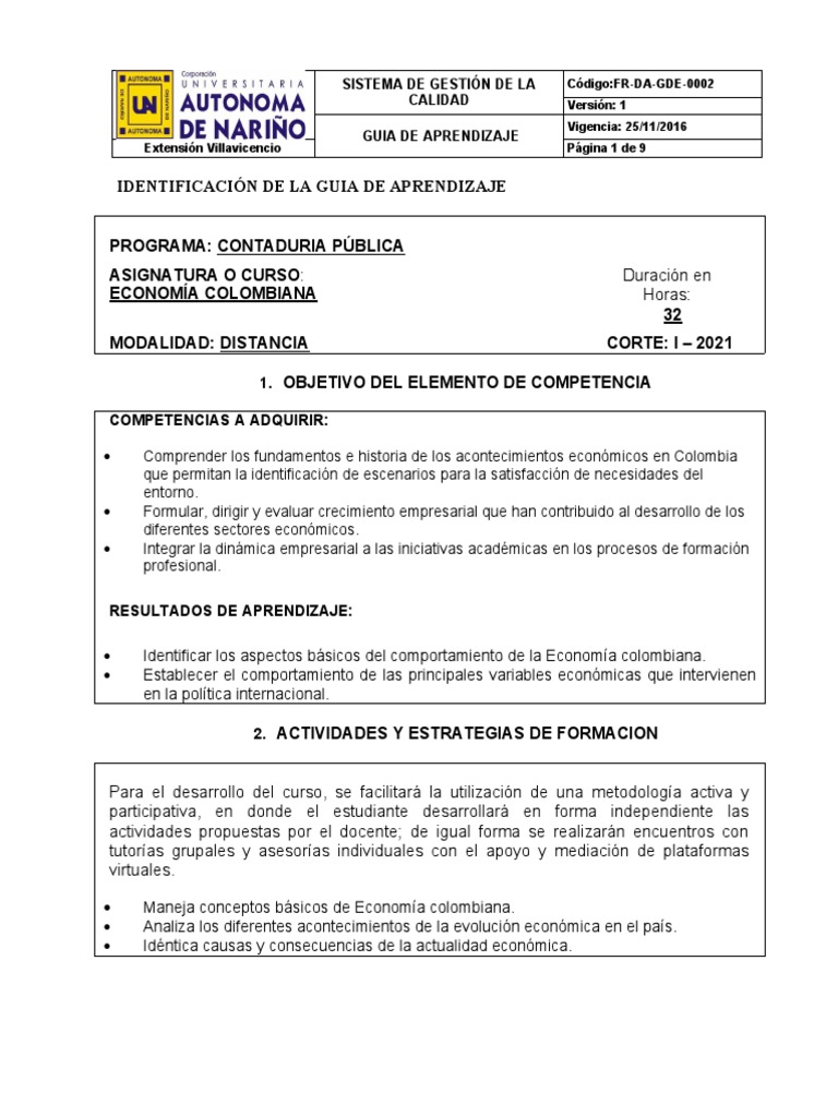Guia de Aprendizaje - Economía Col | PDF | Colombia | Aprendizaje