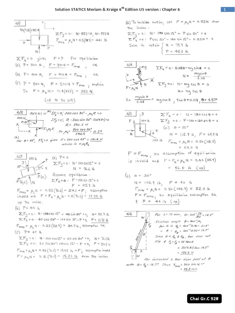 Solution STATICS Meriam & Kraige 6 Edition US Version: Chapter 6 | PDF