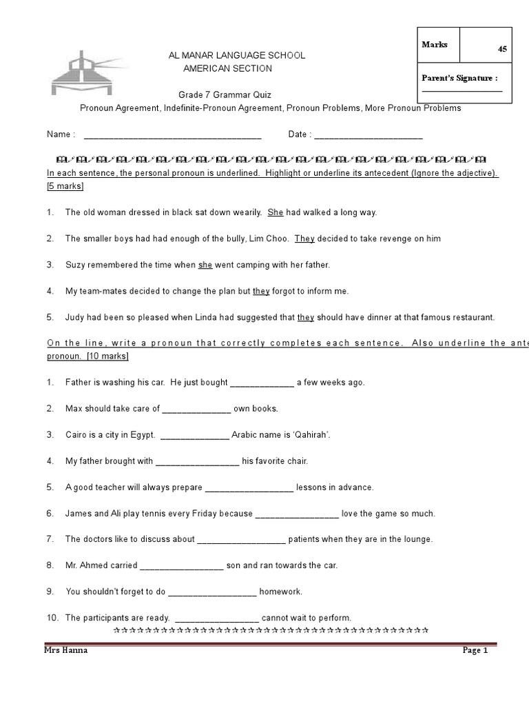 G7 Grammar Quiz - Pronoun Agreements & Problems | PDF | Sacagawea | Pronoun