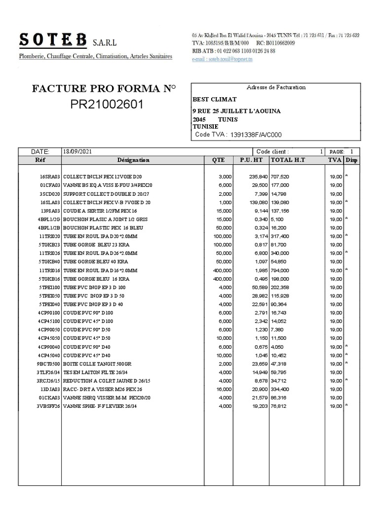 Facture Pro Forma N°: Best Climat 9 Rue 25 Juillet L'Aouina 2045 Tunis ...