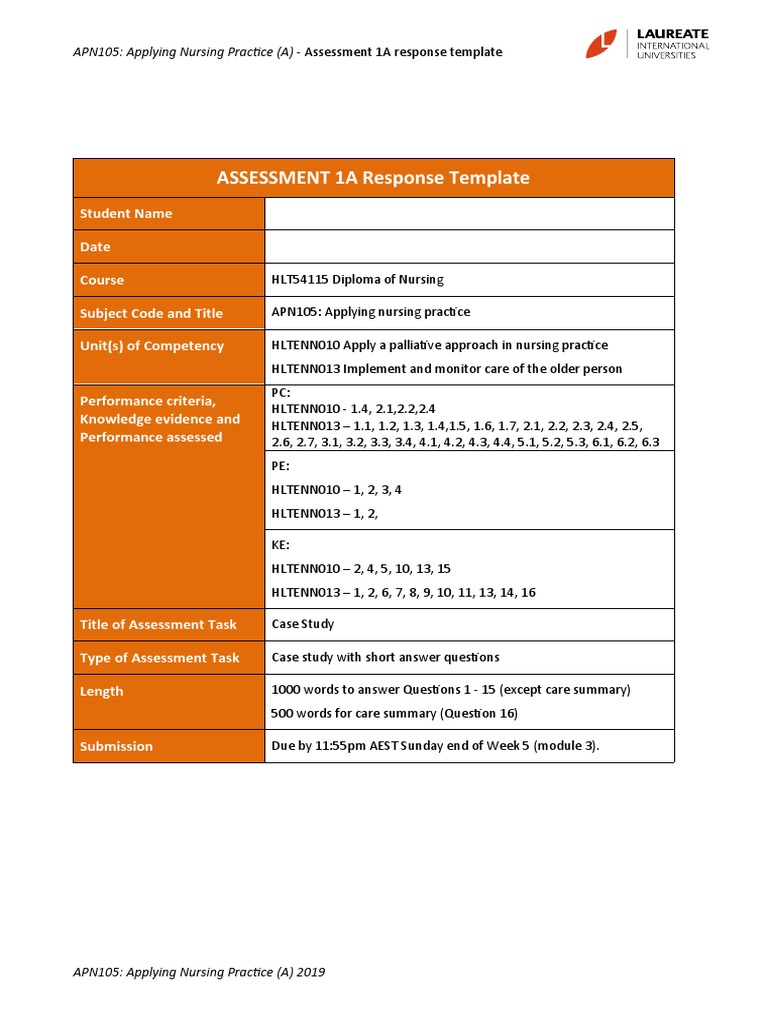 ASSESSMENT 1A Response Template: Student Name Date Course Subject Code ...
