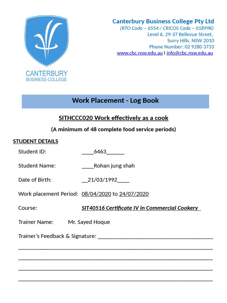 Work Placement Log for Cooking Course | PDF | Kitchen Utensil | Foods