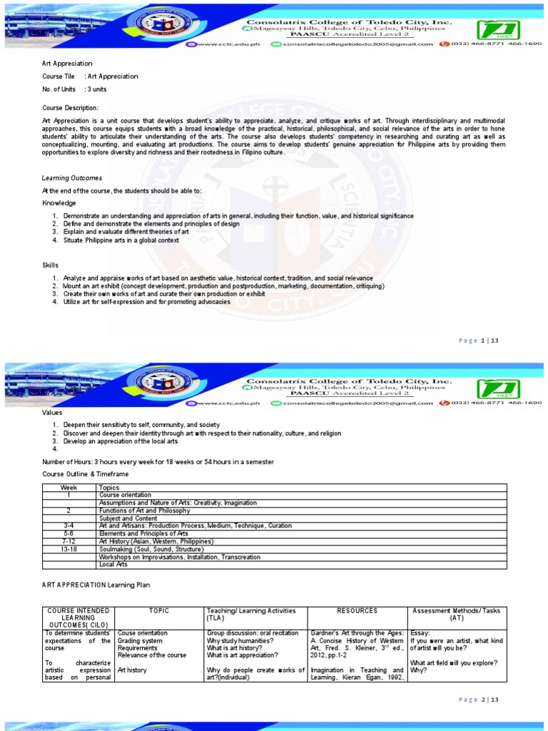 Art Appreciation: Learning Outcomes | PDF | Aesthetics | Competence ...