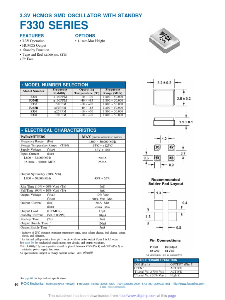 F330 Series: 3.3V Hcmos SMD Oscillator With Standby | PDF | Power ...