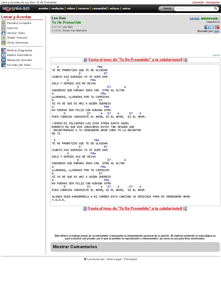 Leo Dan, Te He Prometido: Letra y Acordes | PDF | Amor | Música grabada