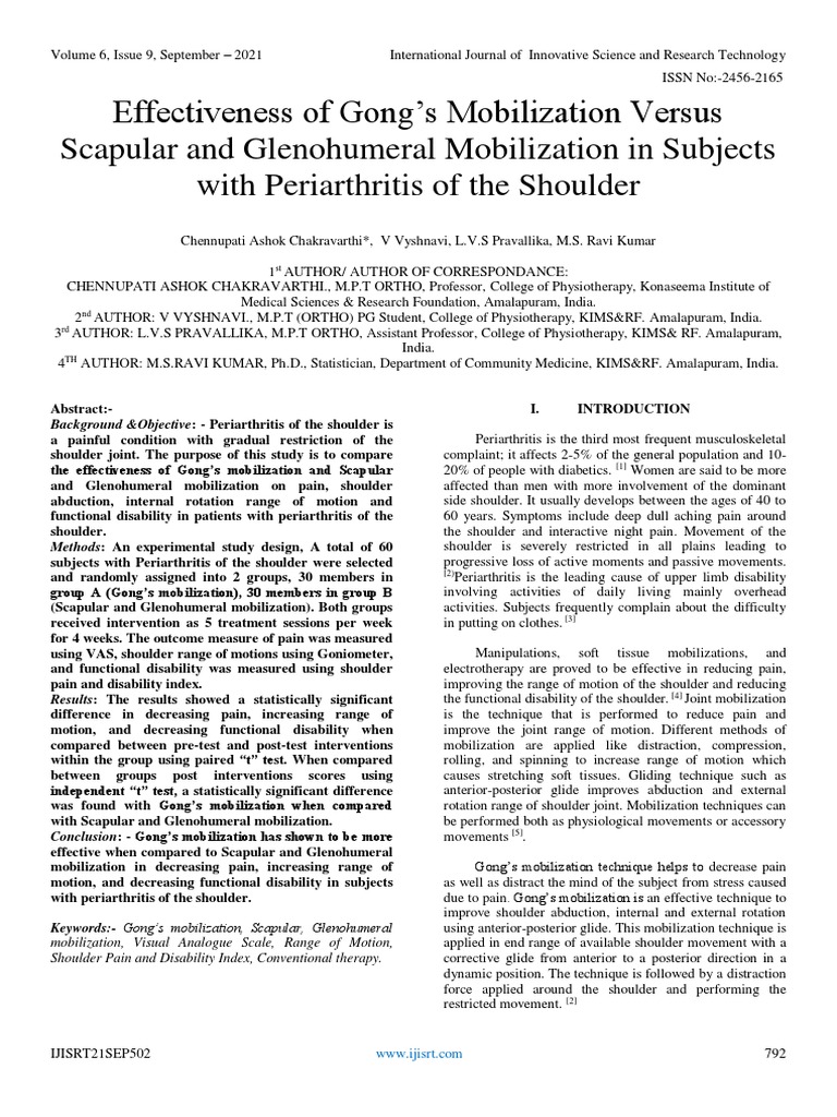 Effectiveness Of Gongs Mobilization Versus Scapular And Glenohumeral Mobilization In Subjects